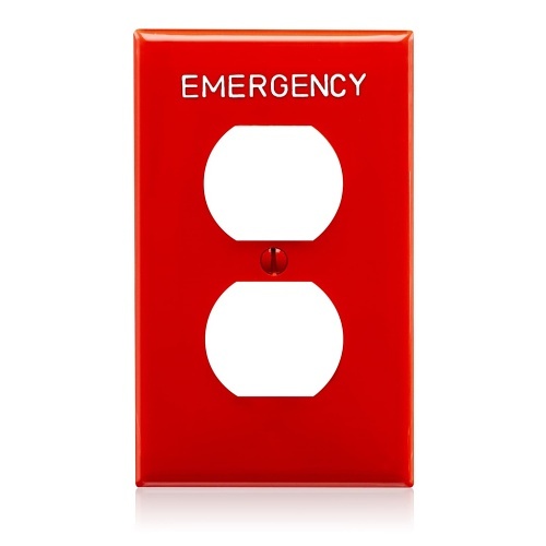 Leviton 80703-REW 1G Duplex "Emergency" Outlet Wallplate NEMA Red